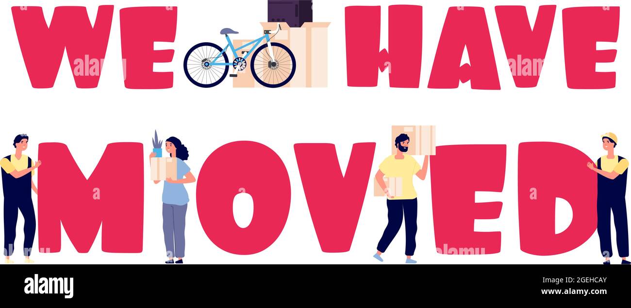 People moved. Porters woman man with boxes and things. Flat isolated ...