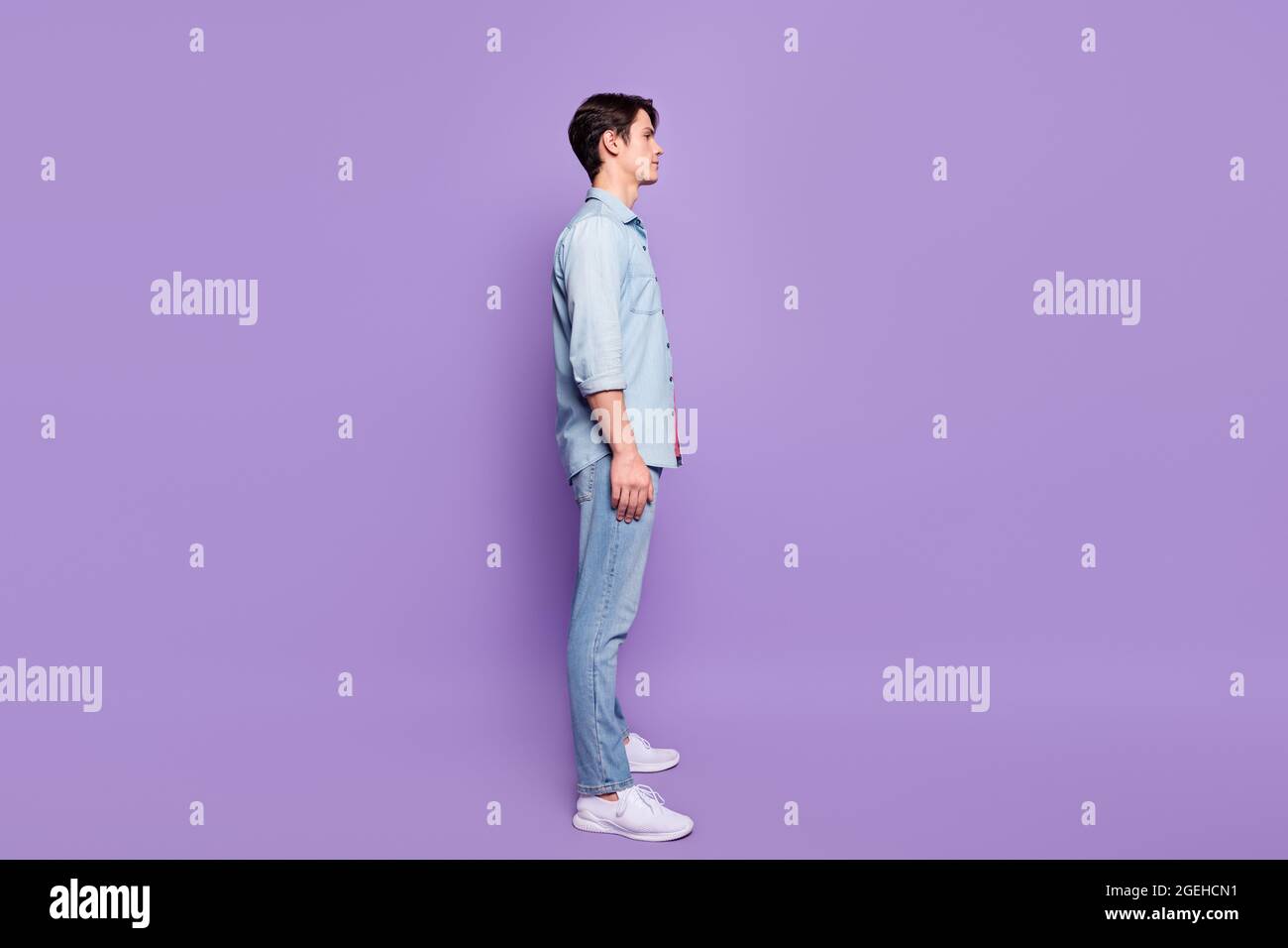 Full body profile side photo of young guy calm concentrated confident ...