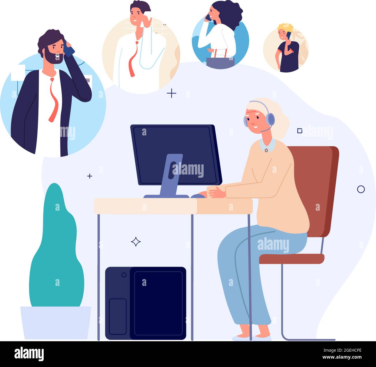 Call center operator queue. Support service waiting line, people need ...