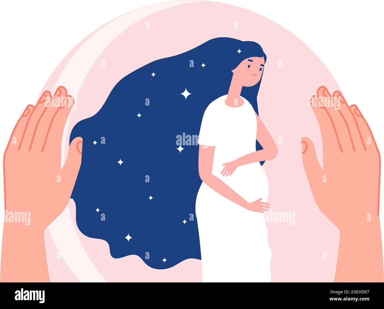 Mother protection. Motherhood, pregnant woman in safety bubble. Hand ...
