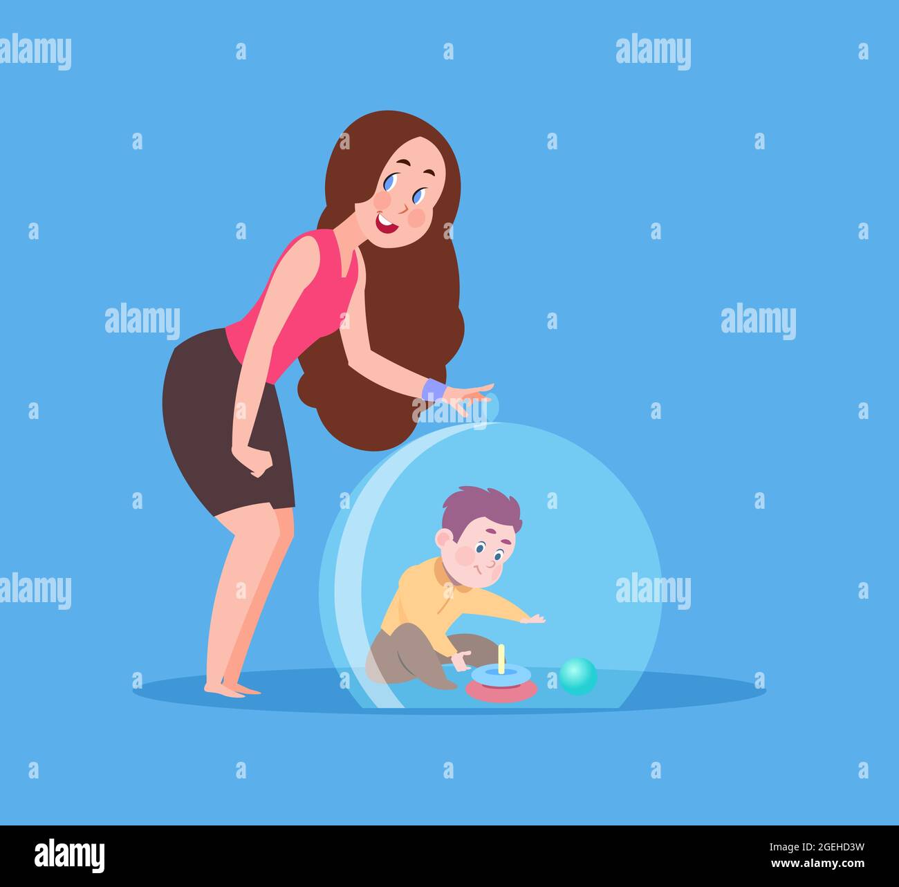 Mother hypercare. Mom protect child under glass dome. Care or disorder ...