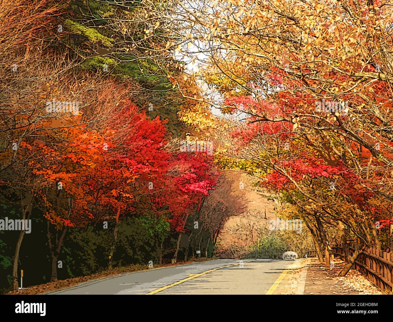 Illustration of an Empty Mountain Road Among Fall Foliage in the Forest ...