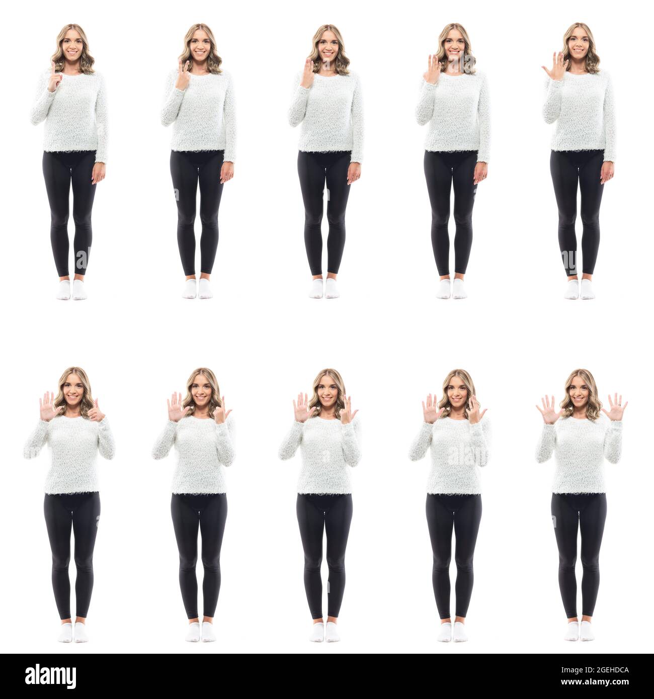 Collage of happy women in soft sweater counting numbers from one to ten ...