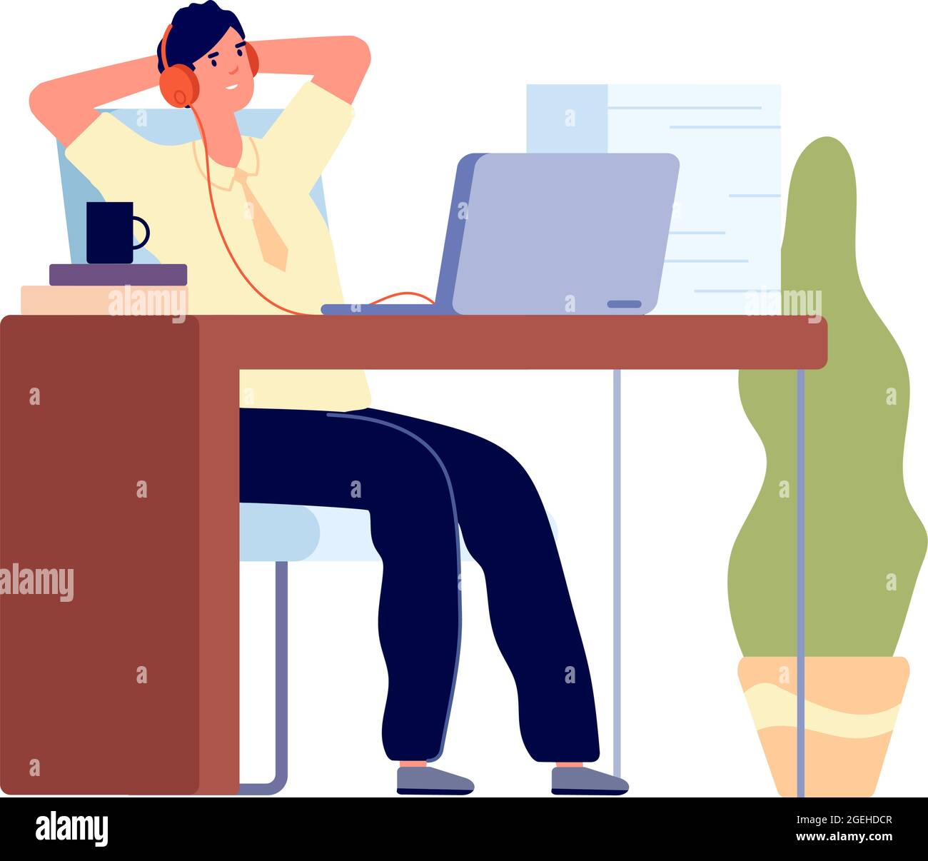 Lazy manager. Business concept, man procrastination at work. Busy male listen music, tired bored ...