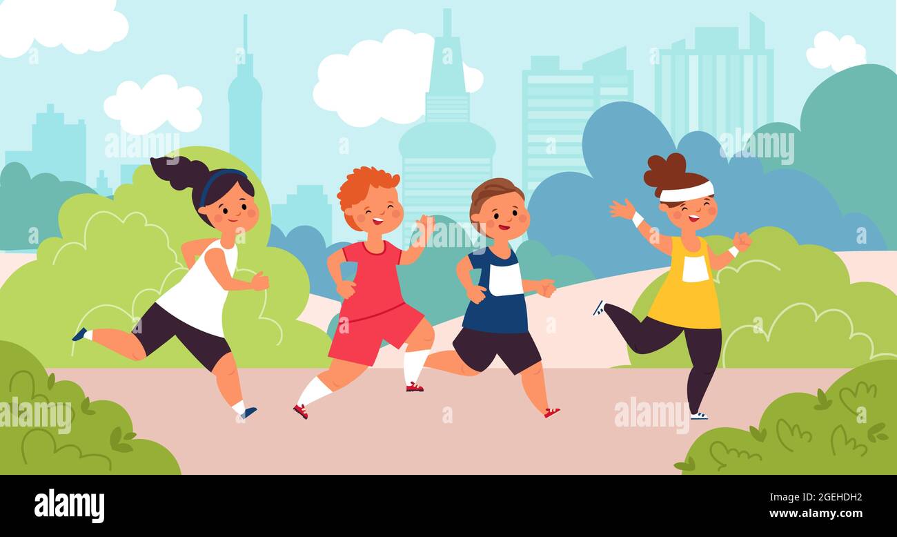 Children marathon. Kids run, speed race boy. Outdoor running ...