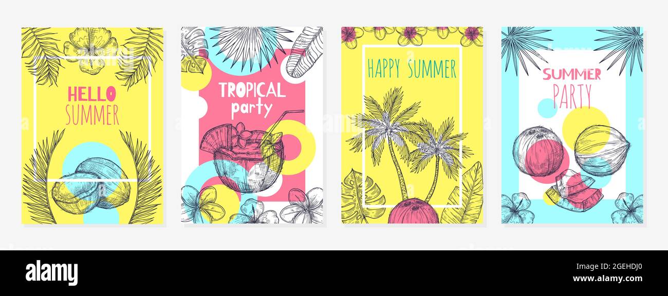 Summer coconut cards. Sketch tropic fruits, modern food background ...