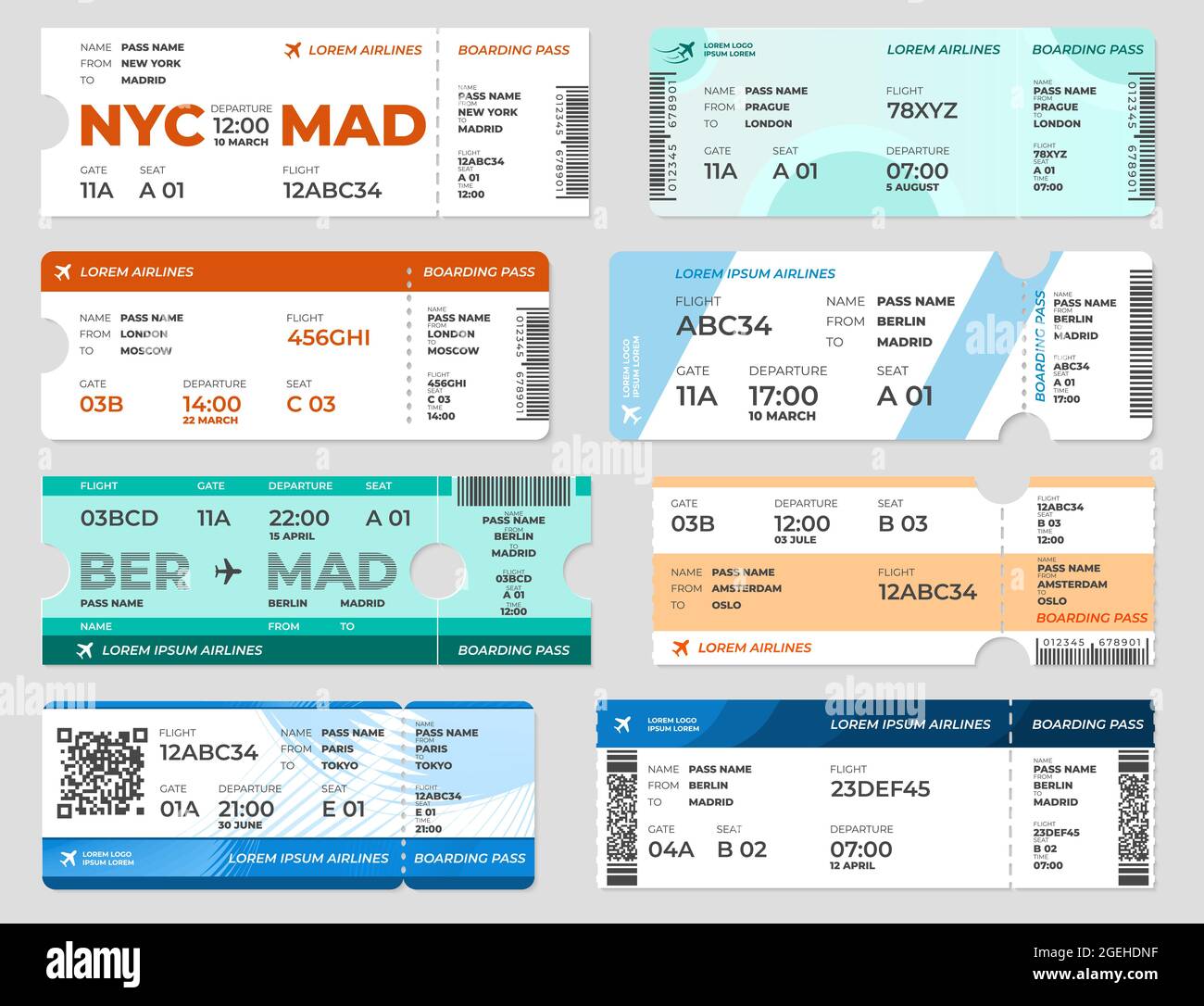 Boarding pass template. Board tickets, airplane travel flight page ...