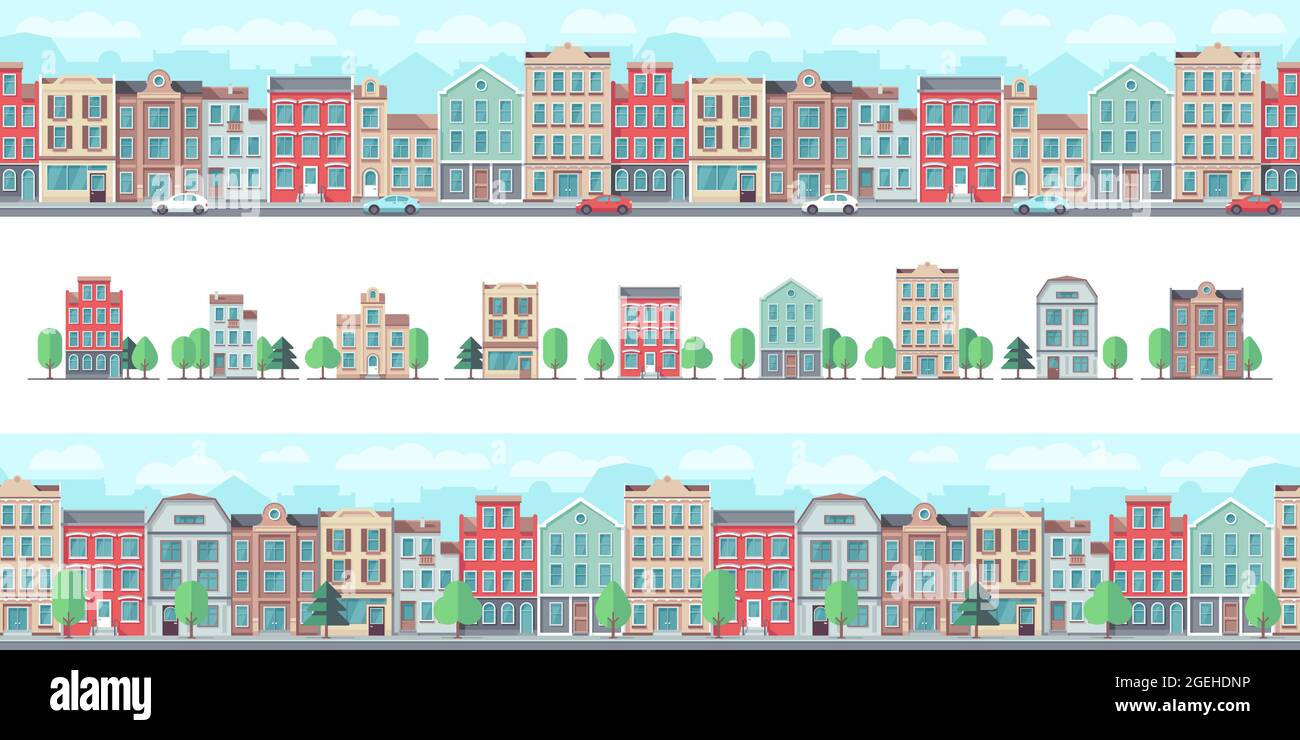 European city street. Cute suburban buildings, flat country houses ...