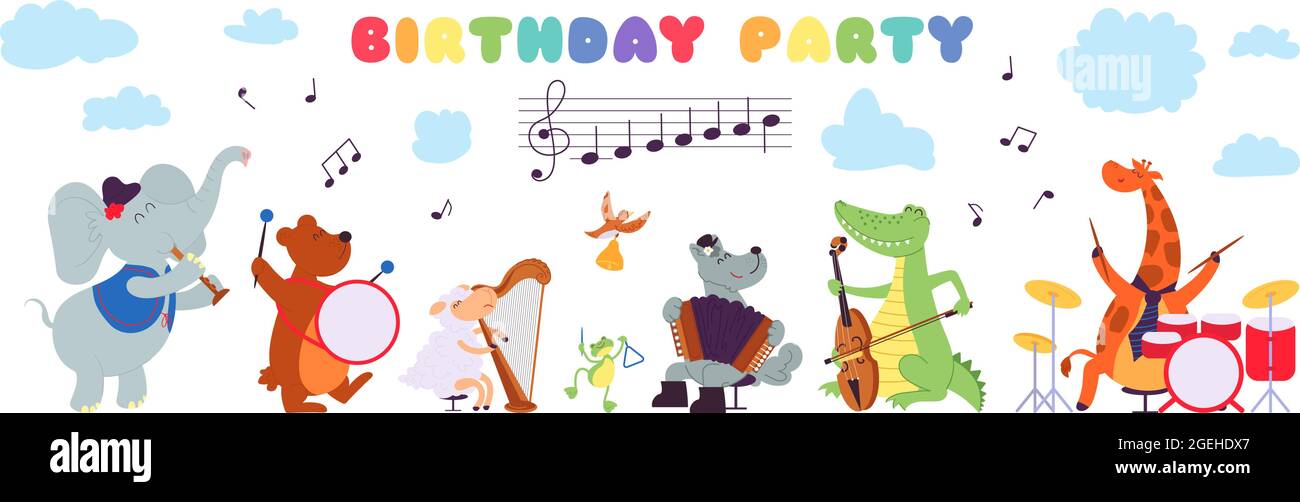 Birthday musical animals. Musician playing instrument, celebration cute ...