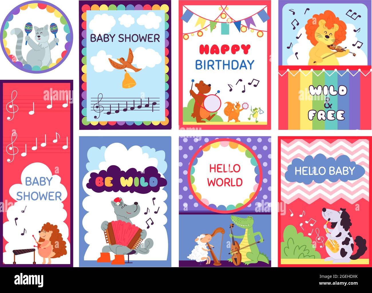 Baby shower animal cards. Cute greetings, kids safari jungle lion ...