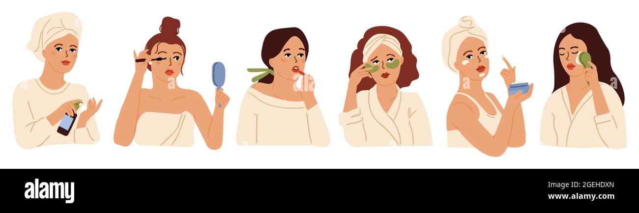 Beauty care routine. Cartoon face clean, girl use korean cosmetic ...