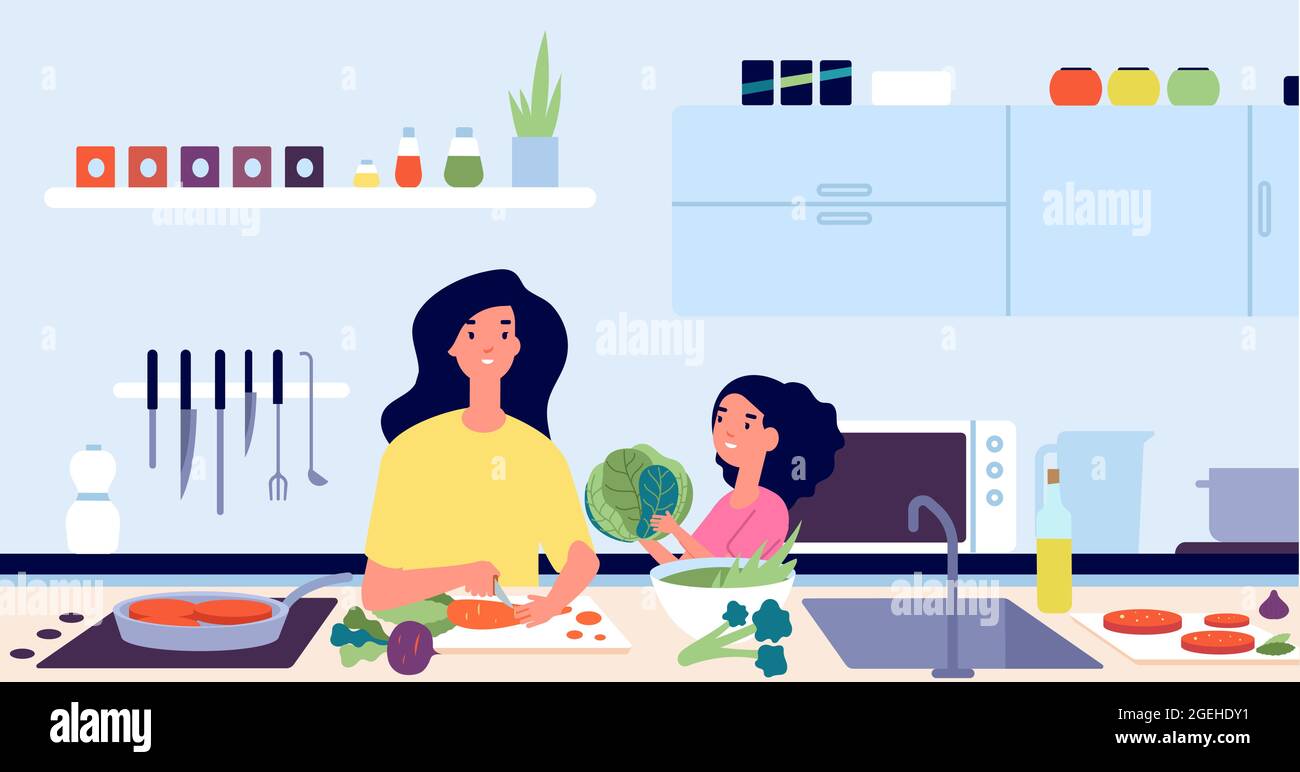Mother children cook. Mom chef cooking, cartoon parent and daughter ...