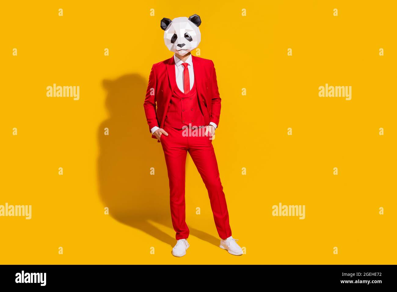 Photo of businessman panda guy hands pockets wear mask red suit tie ...