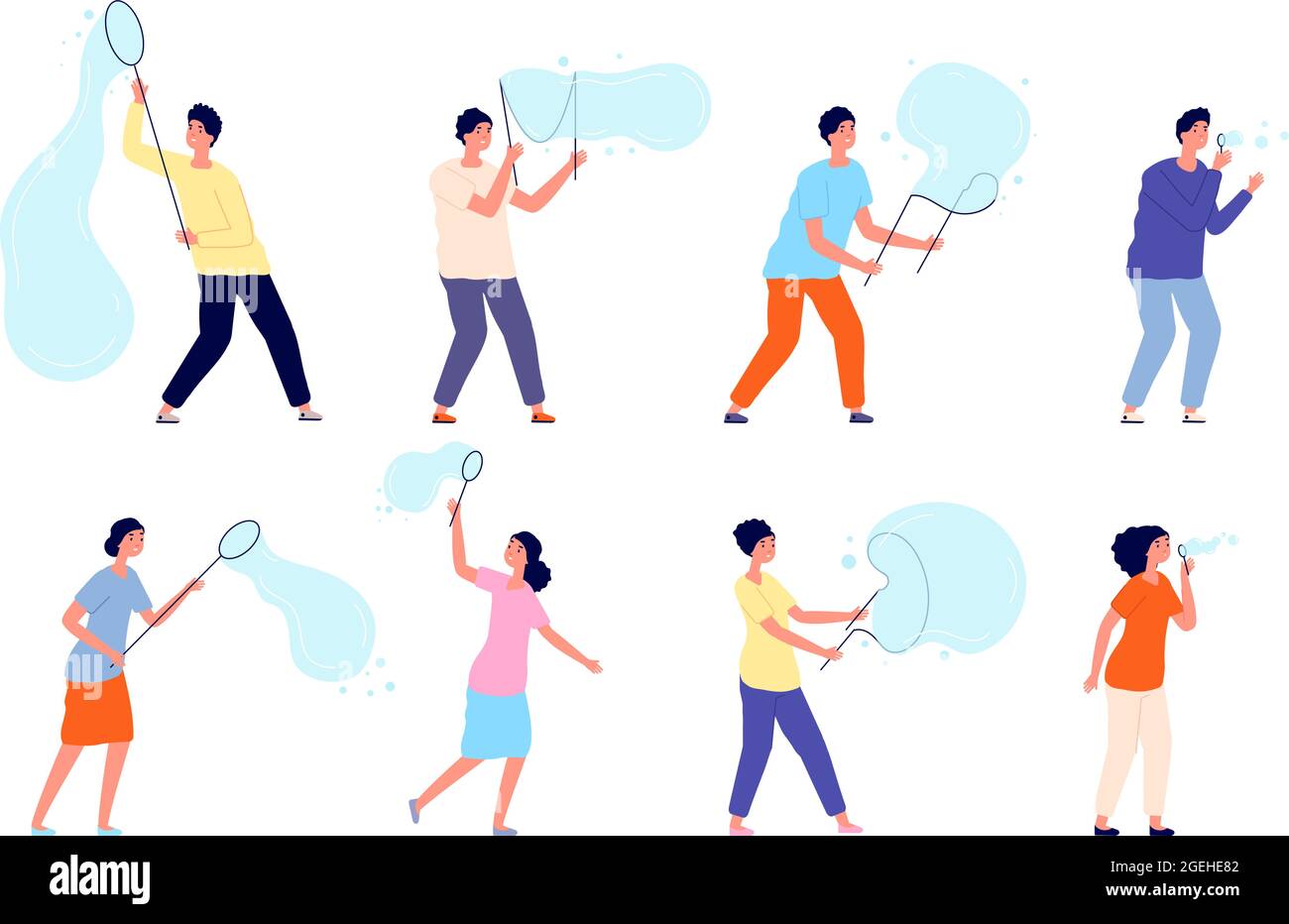 People blowing bubbles. Soap bubble, cute adorable characters playing ...