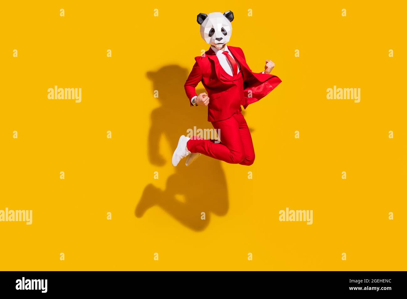 Photo of panda identity guy jump celebrate victory wear mask red tux ...