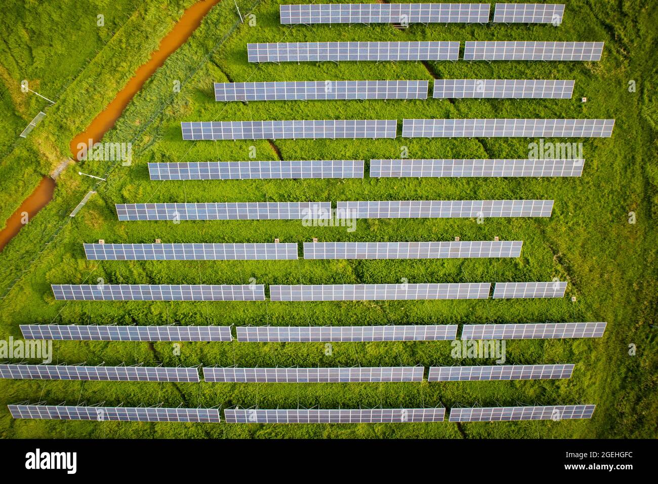 Aerial view of series of solar panels for the production of electricity ...