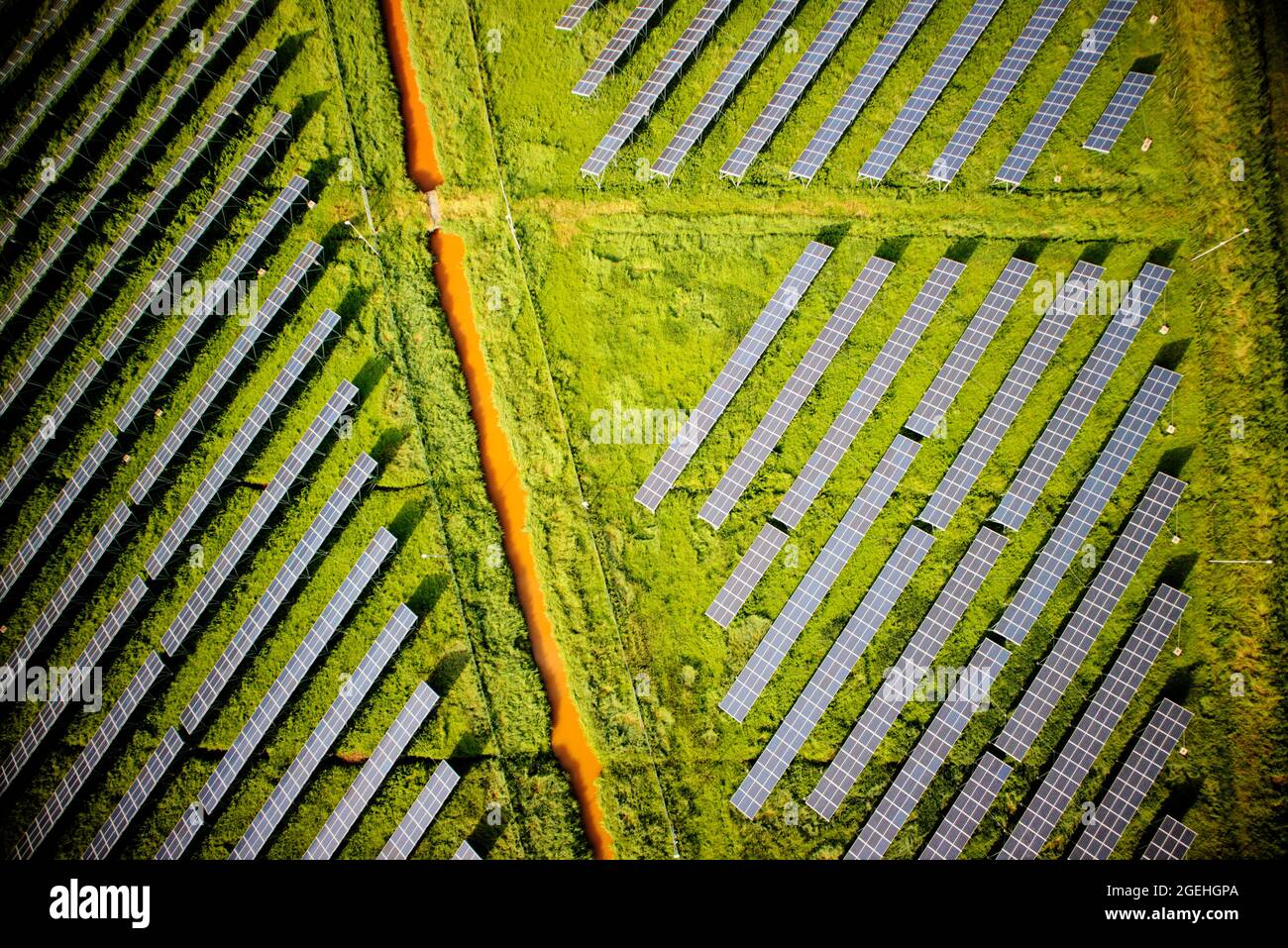 Aerial view of series of solar panels for the production of electricity ...