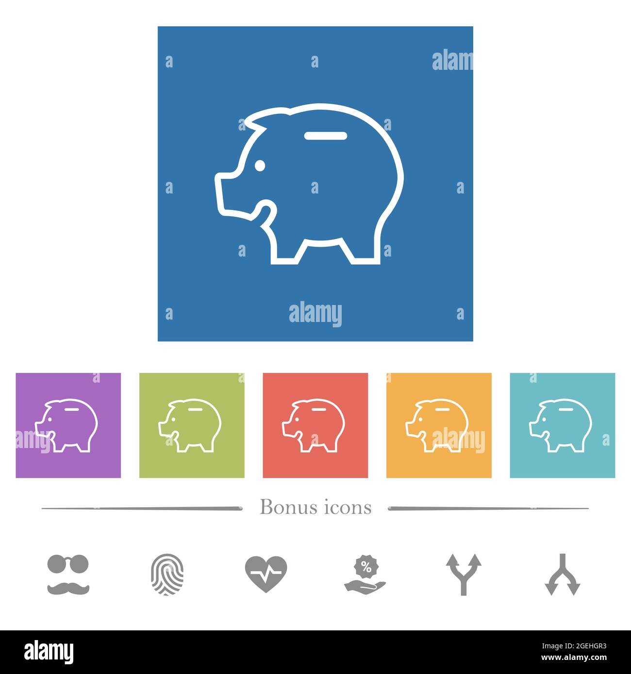 Left facing piggy bank outline flat white icons in square backgrounds ...