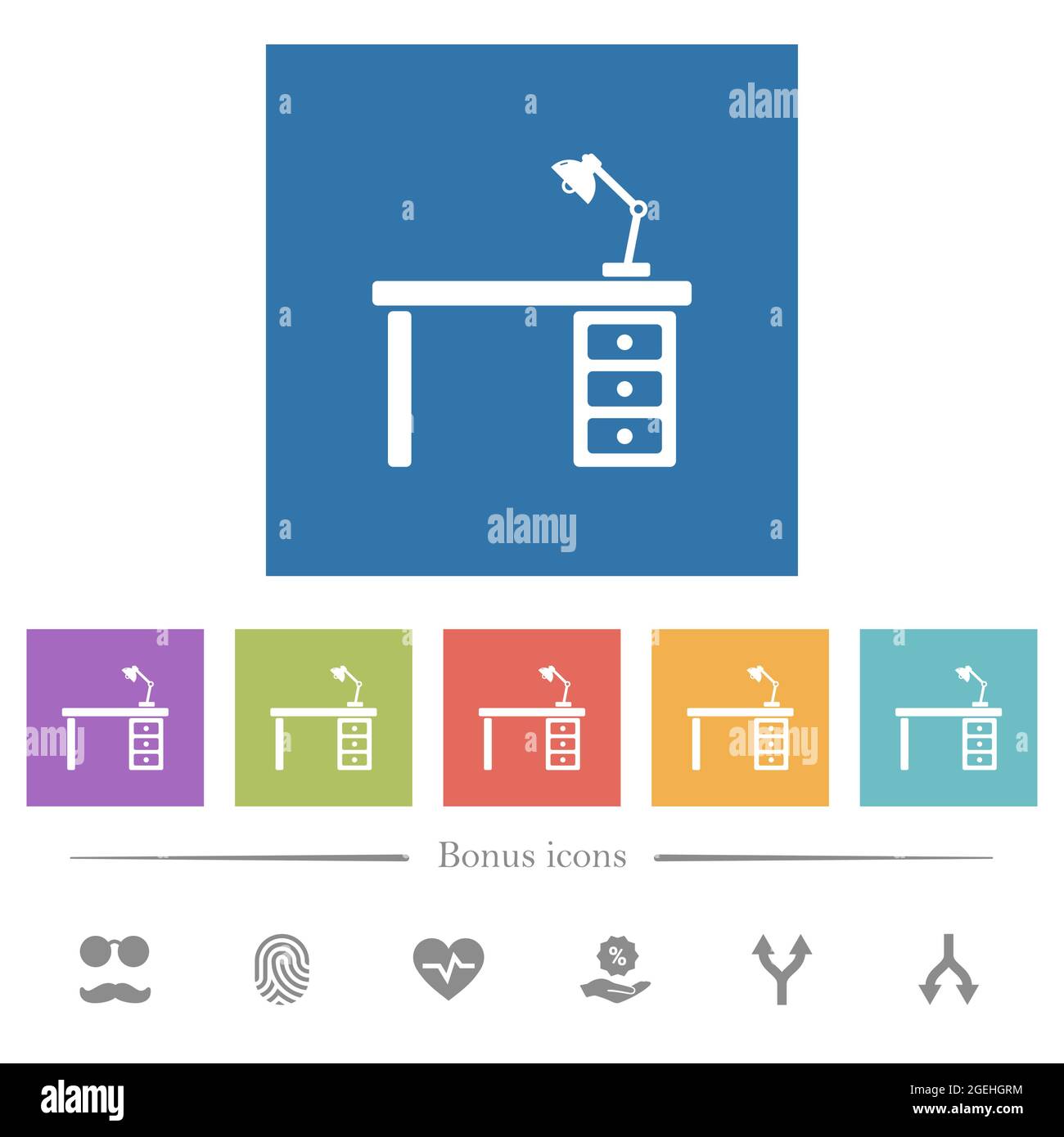 Desk with lamp flat white icons in square backgrounds. 6 bonus icons ...