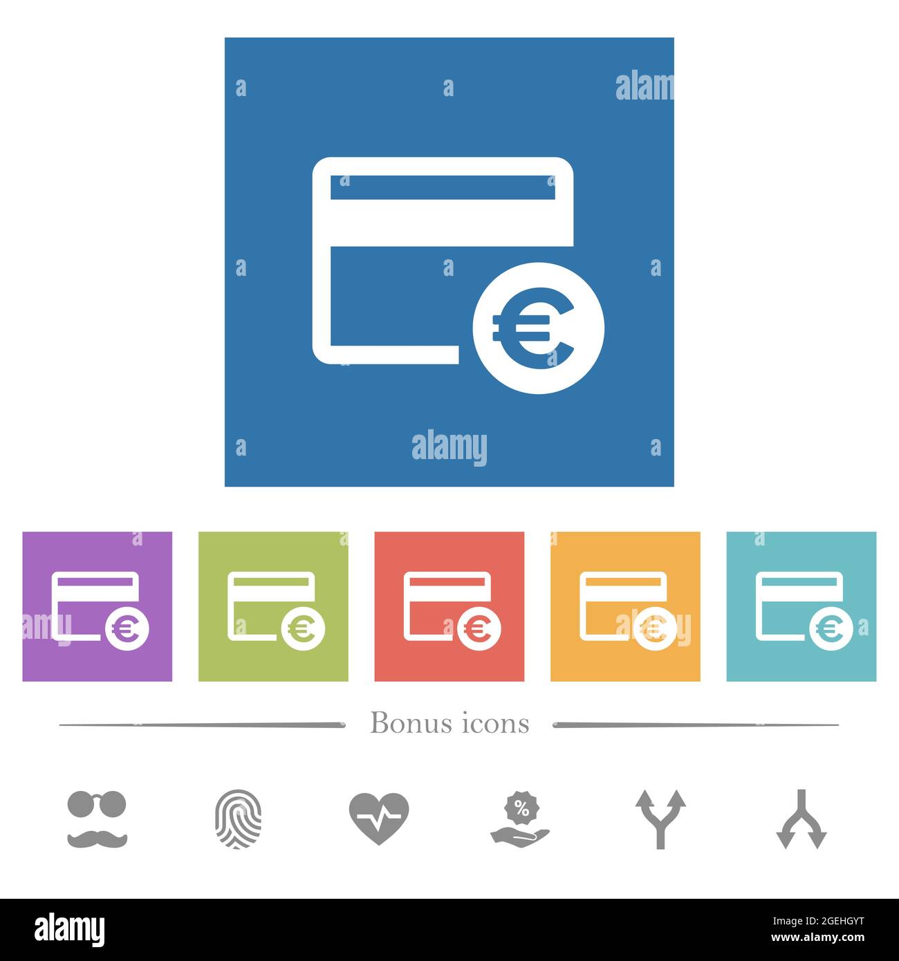 Euro credit card flat white icons in square backgrounds. 6 bonus icons ...