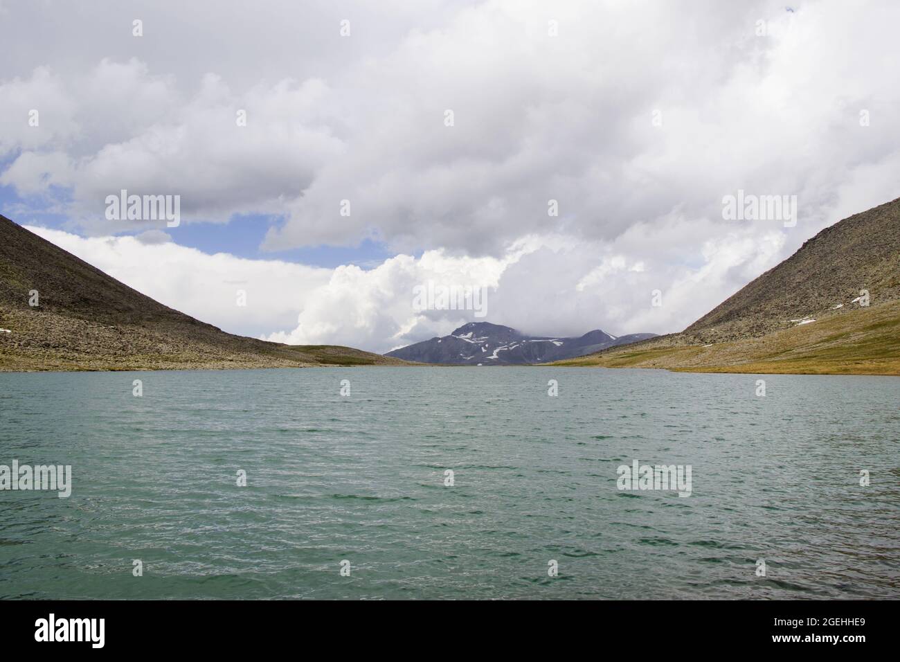 Beautiful Caucasian landscape and view of a lake and a mountain range ...