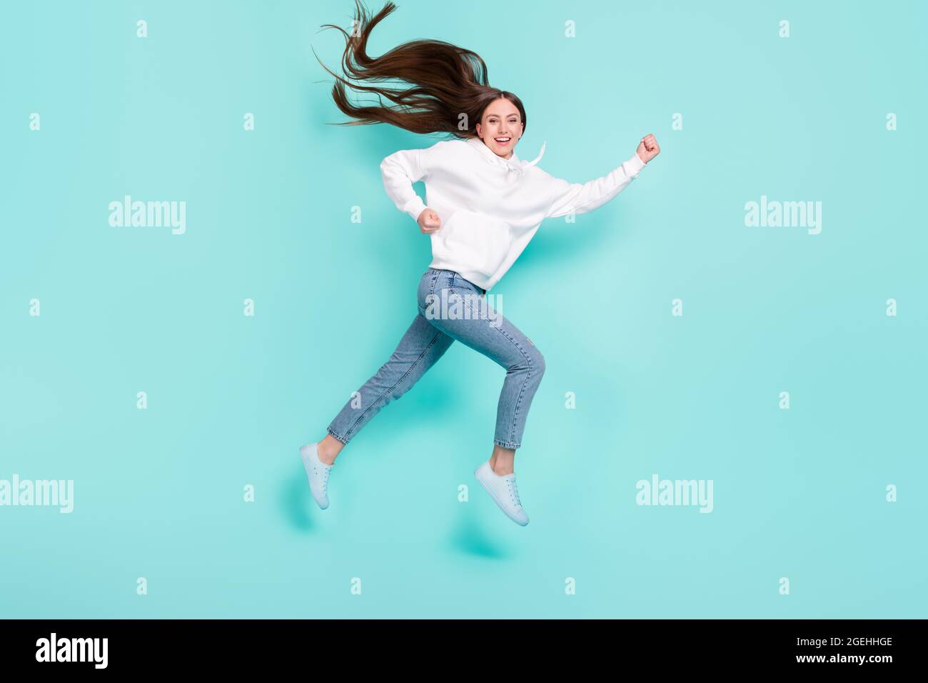 Full length body size view of pretty cheerful motivated girl jumping ...