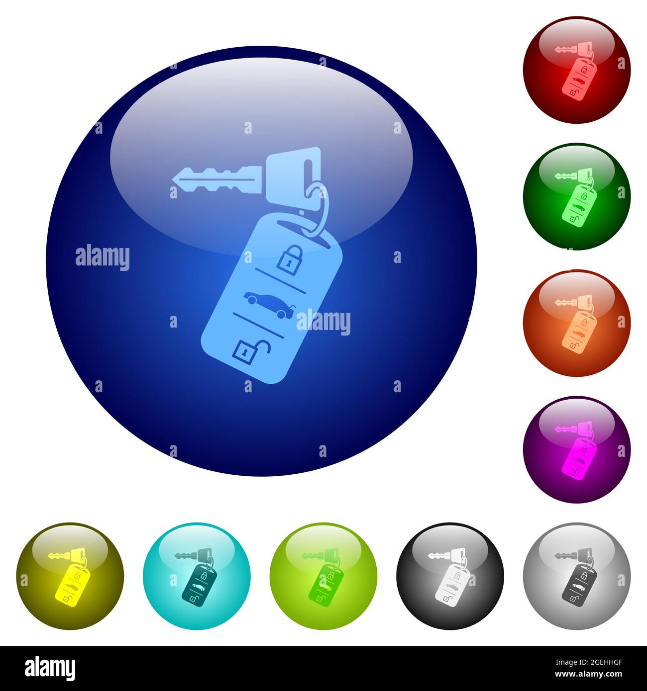 Car key with remote control icons on round glass buttons in multiple ...