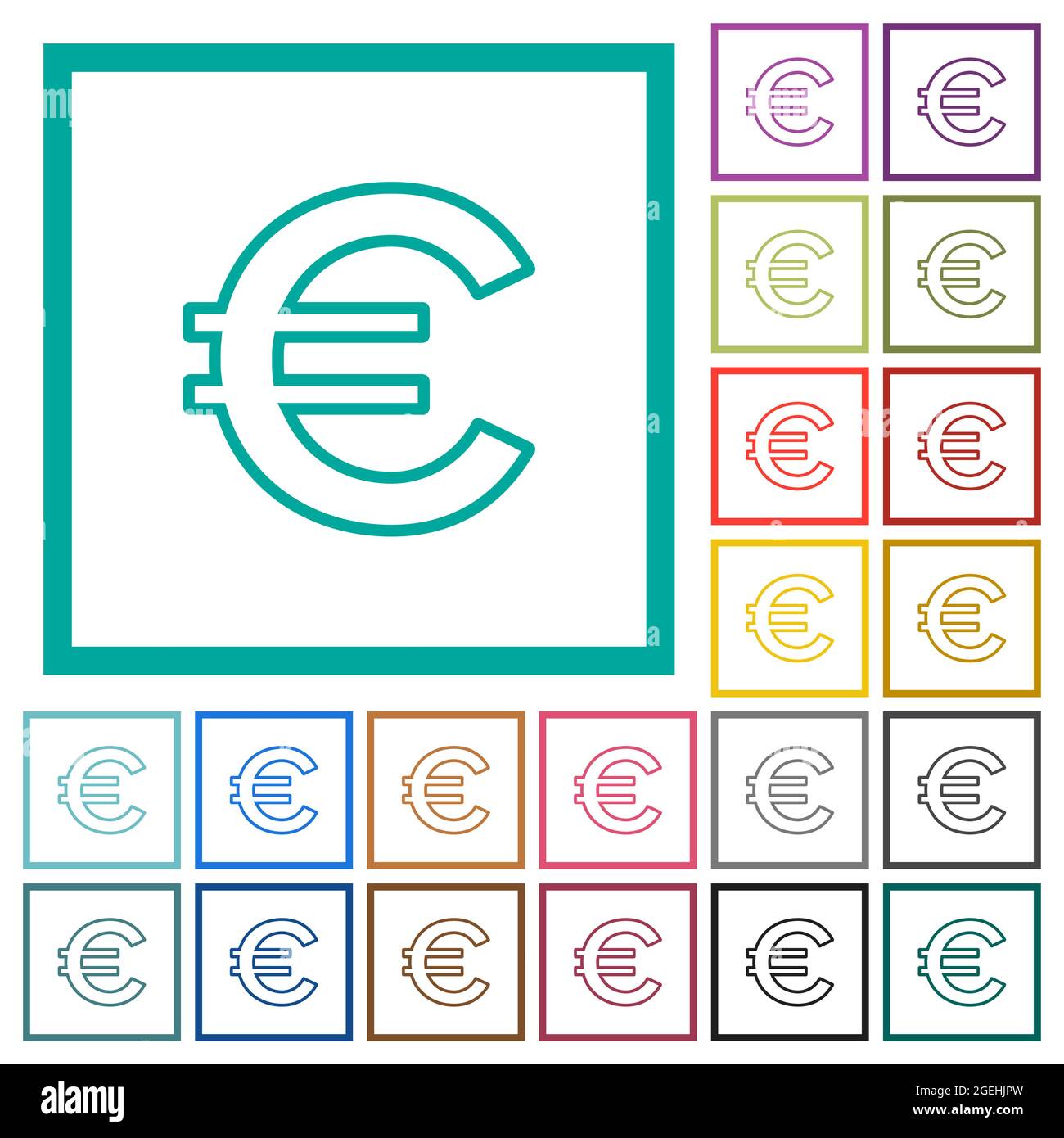 Euro sign outline flat color icons with quadrant frames on white ...