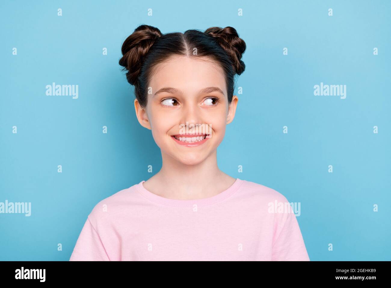 Photo of charming young dreamy positive little girl look empty space ...
