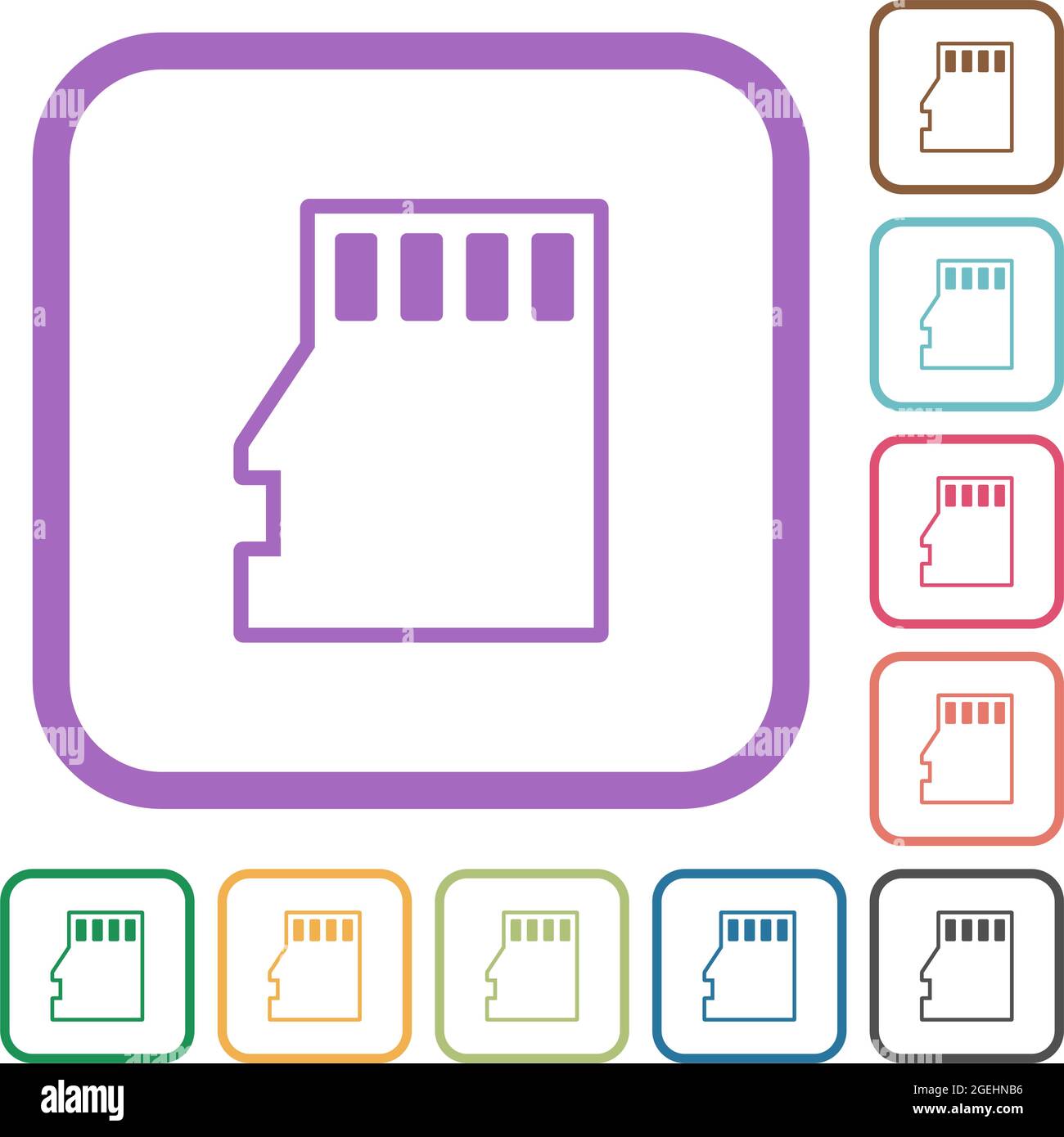 Micro SD memory card outline simple icons in color rounded square frames on white background ...