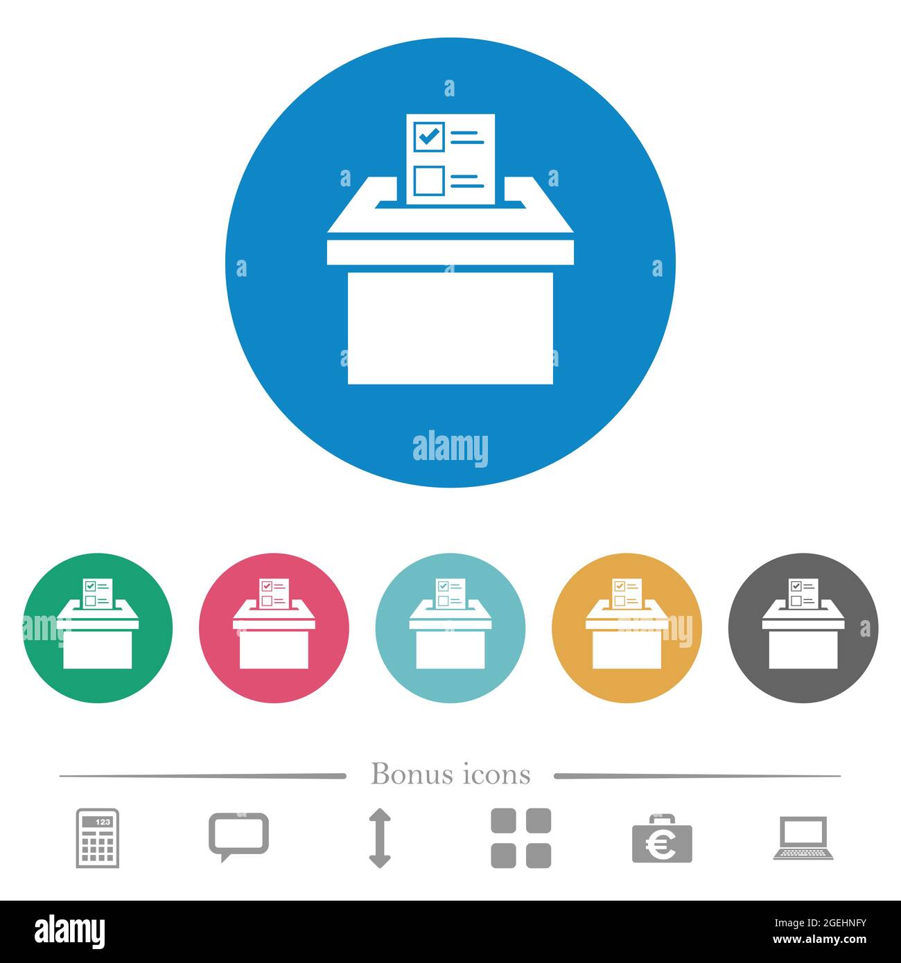 Voting paper and ballot box solid flat white icons on round color ...