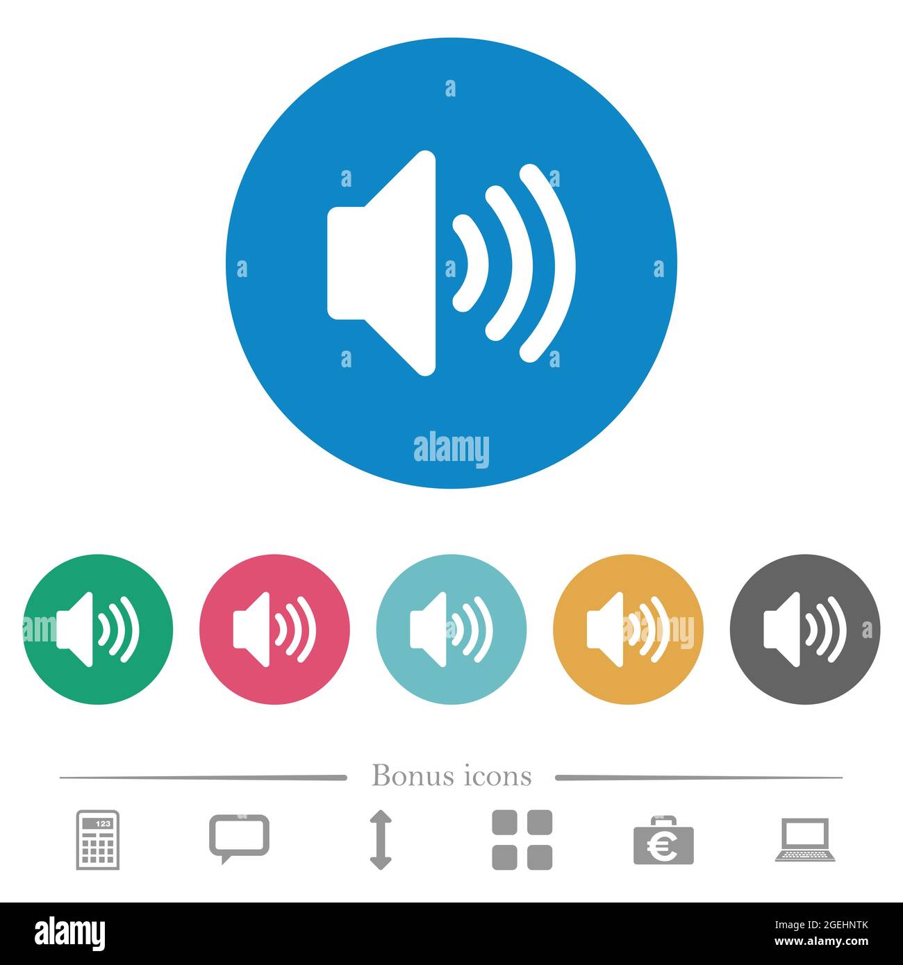 Volume solid flat white icons on round color backgrounds. 6 bonus icons ...