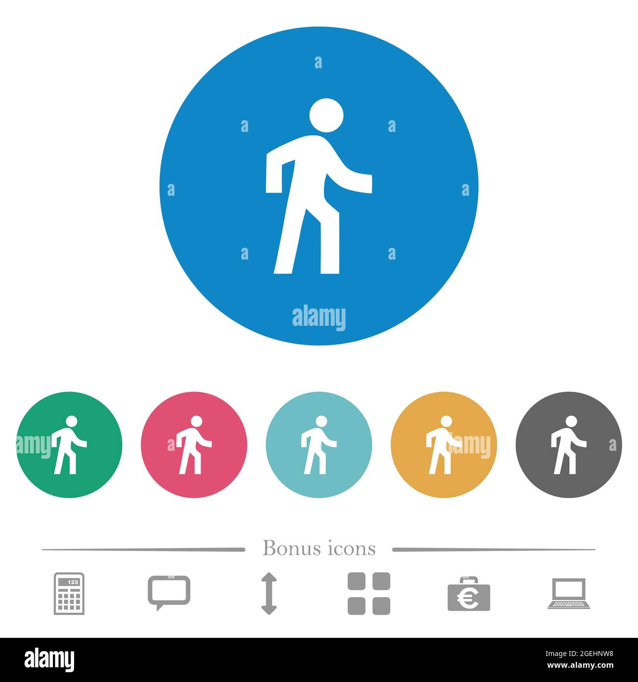 Man walking right flat white icons on round color backgrounds. 6 bonus ...