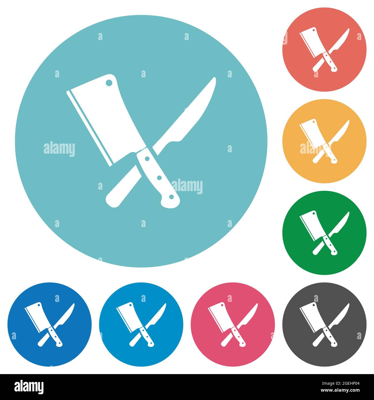 Crossed meat cleaver and knife flat white icons on round color ...