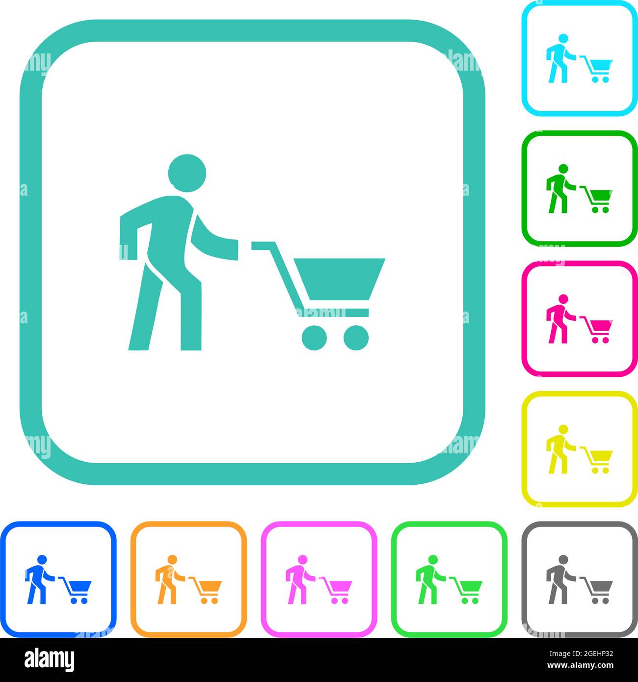 Shopping person with cart vivid colored flat icons in curved borders on ...