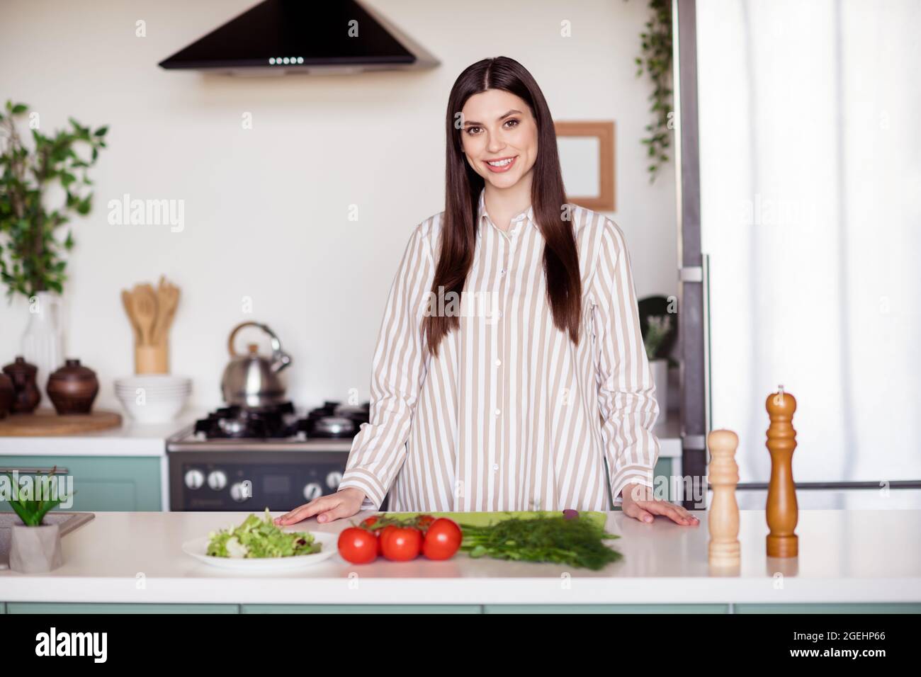 Full length body size photo young woman wearing striped shirt cooking ...