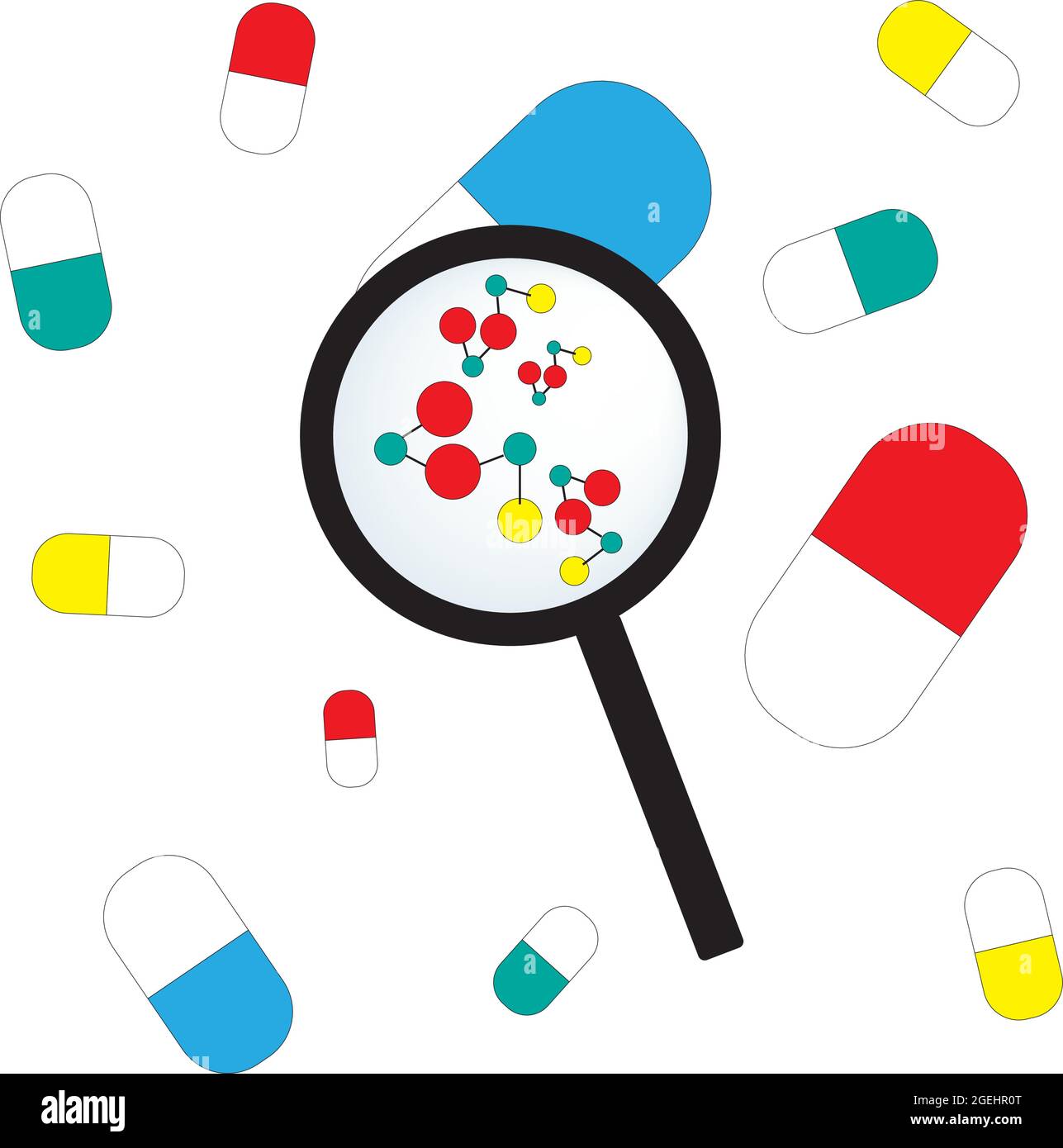 Vector picture of magnifying glass with molecules and capsules ...