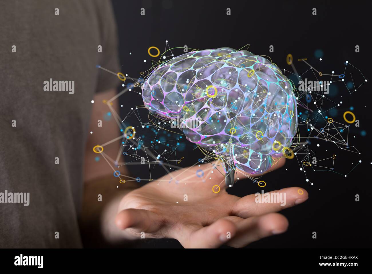 Digital human brain render with a connected network of lines- artificial intelligence concept ...