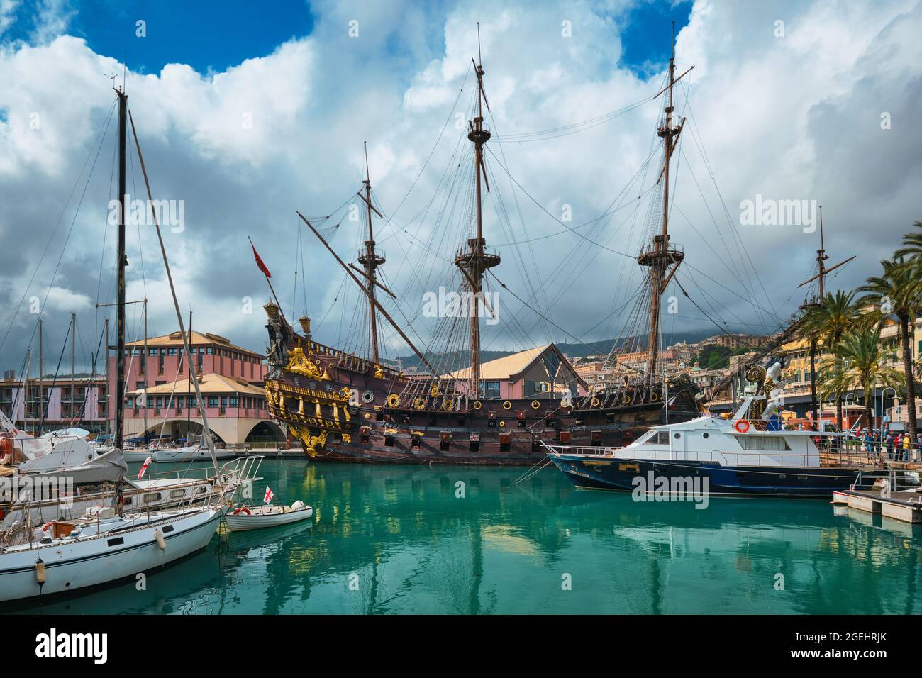 Port of Genoa, Italy with ship replica of a 17th-century Spanish ...