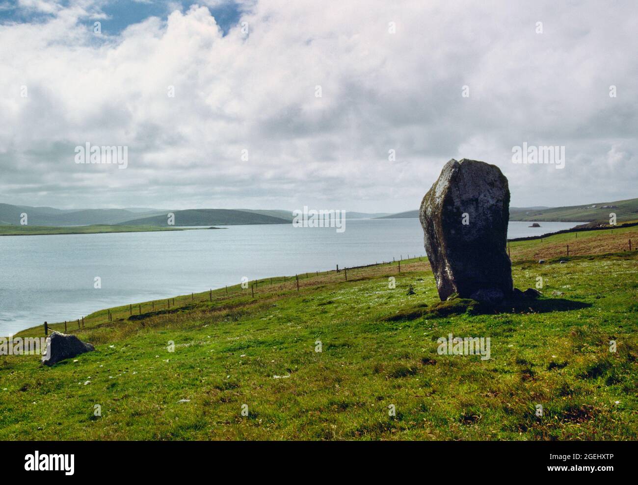 View S of Busta standing stone, a 20-ton granite monolith on the ...