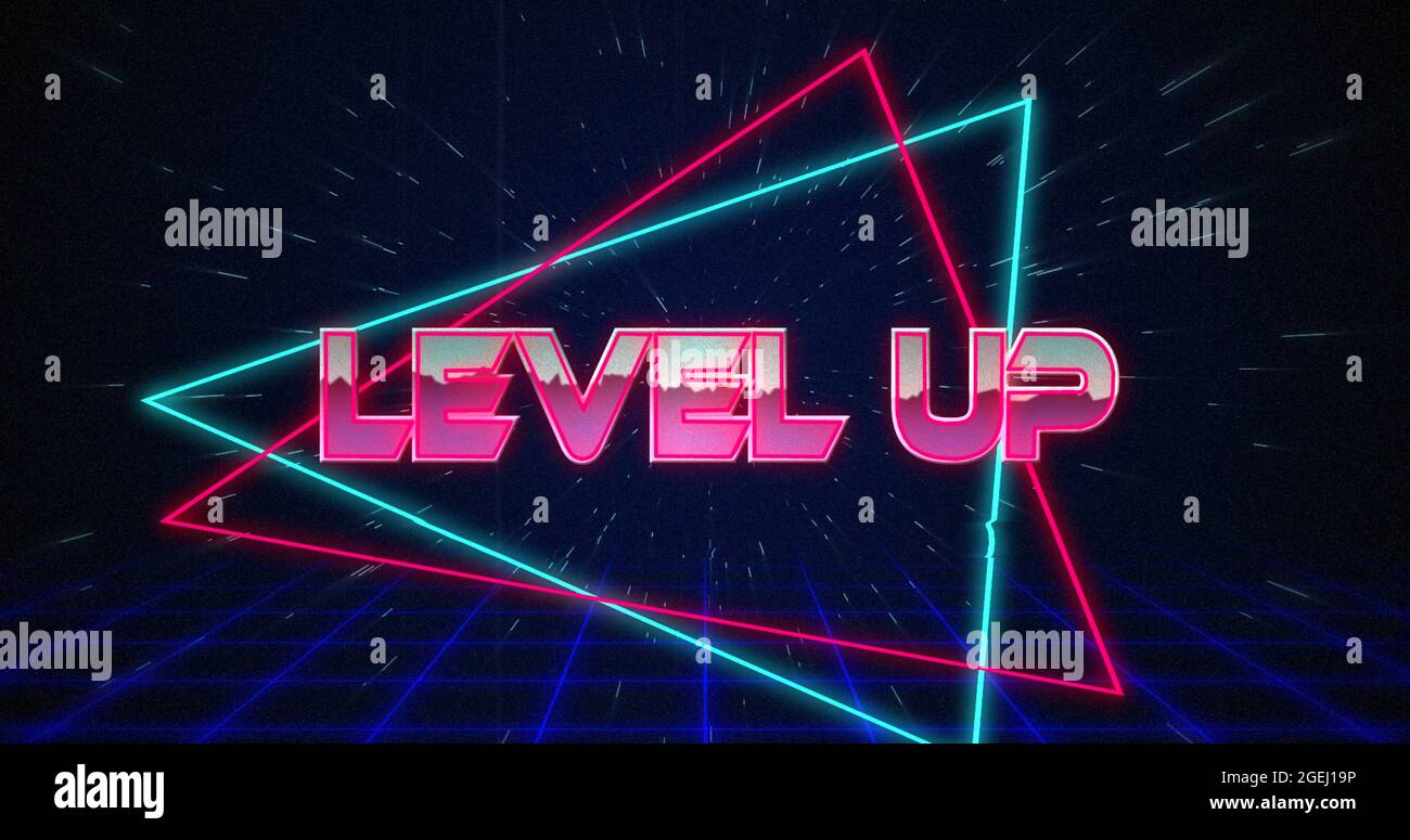 Retro Level Up text glitching over blue and red triangles on white ...