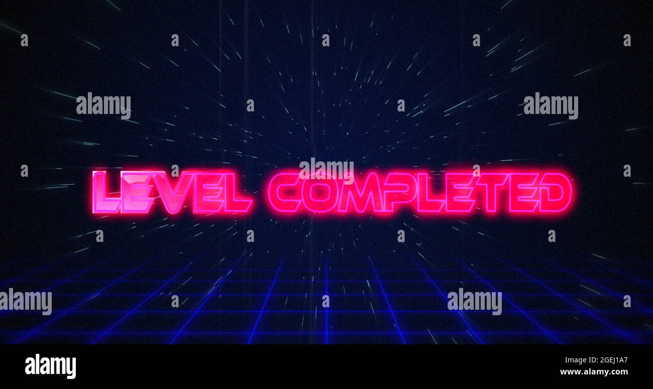 Retro Level Completed text glitching over blue and red squares on white ...