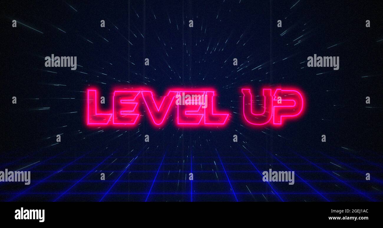 Retro Level Up text glitching over blue and red triangles on white ...