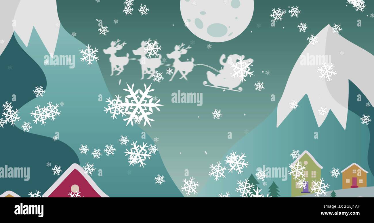 Digital image of snowflakes falling over santa claus in sleigh being ...