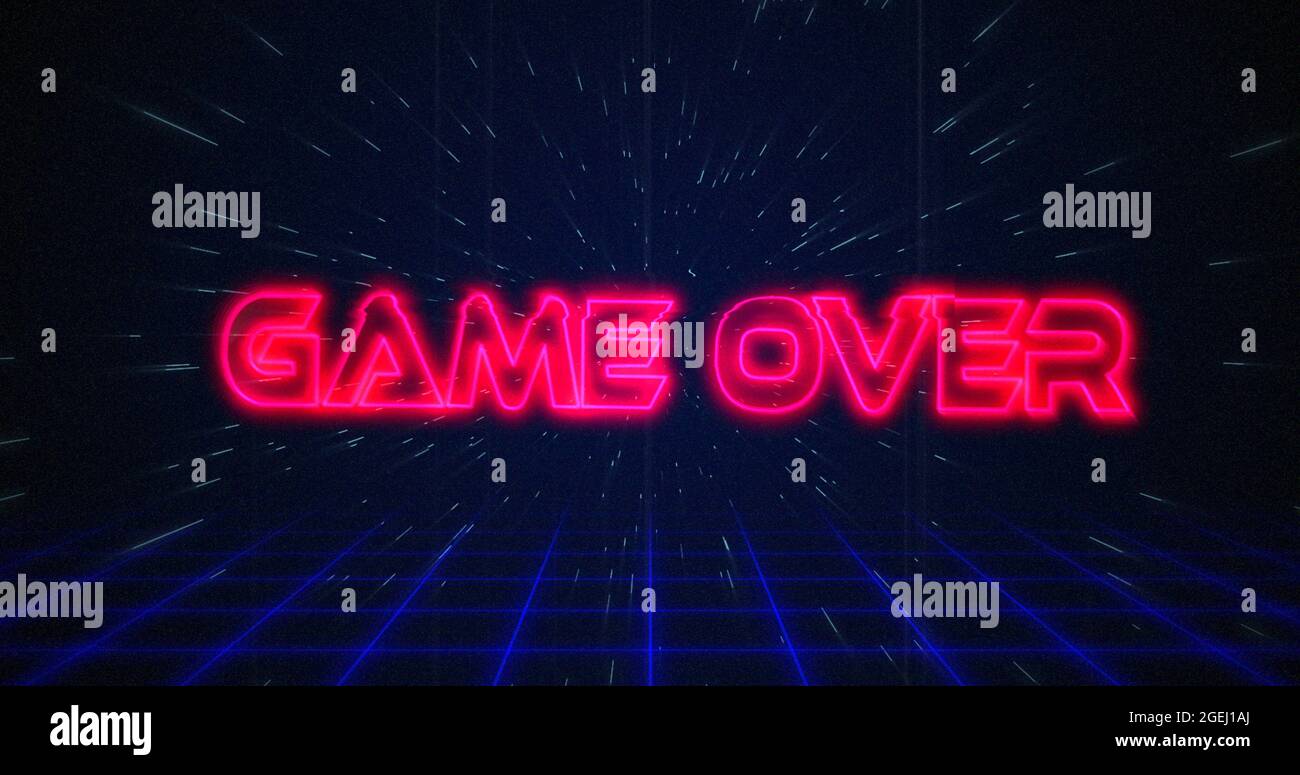 Retro Game over text glitching over blue and red lines on white ...