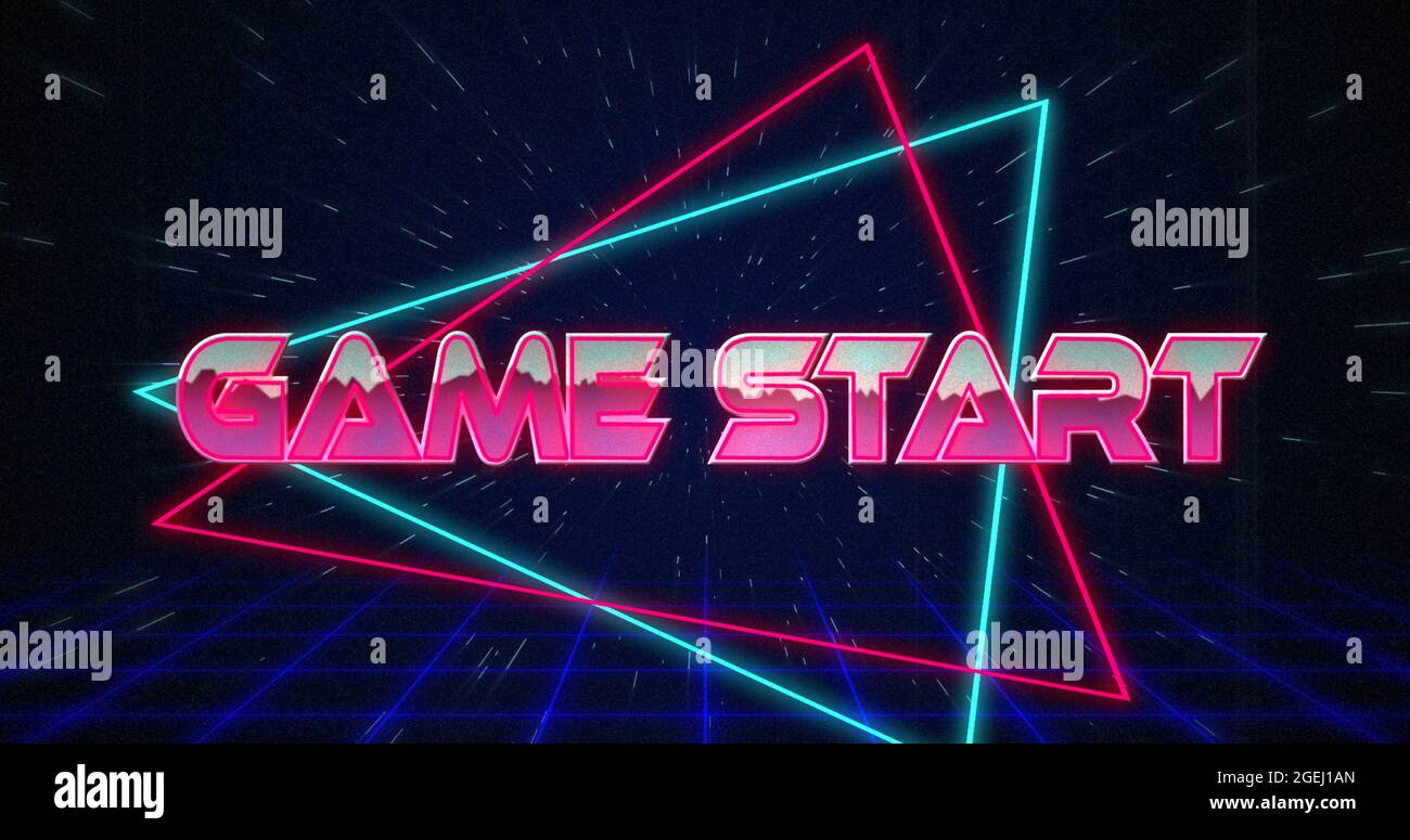 Retro Game Start text glitching over blue and red triangles on white ...