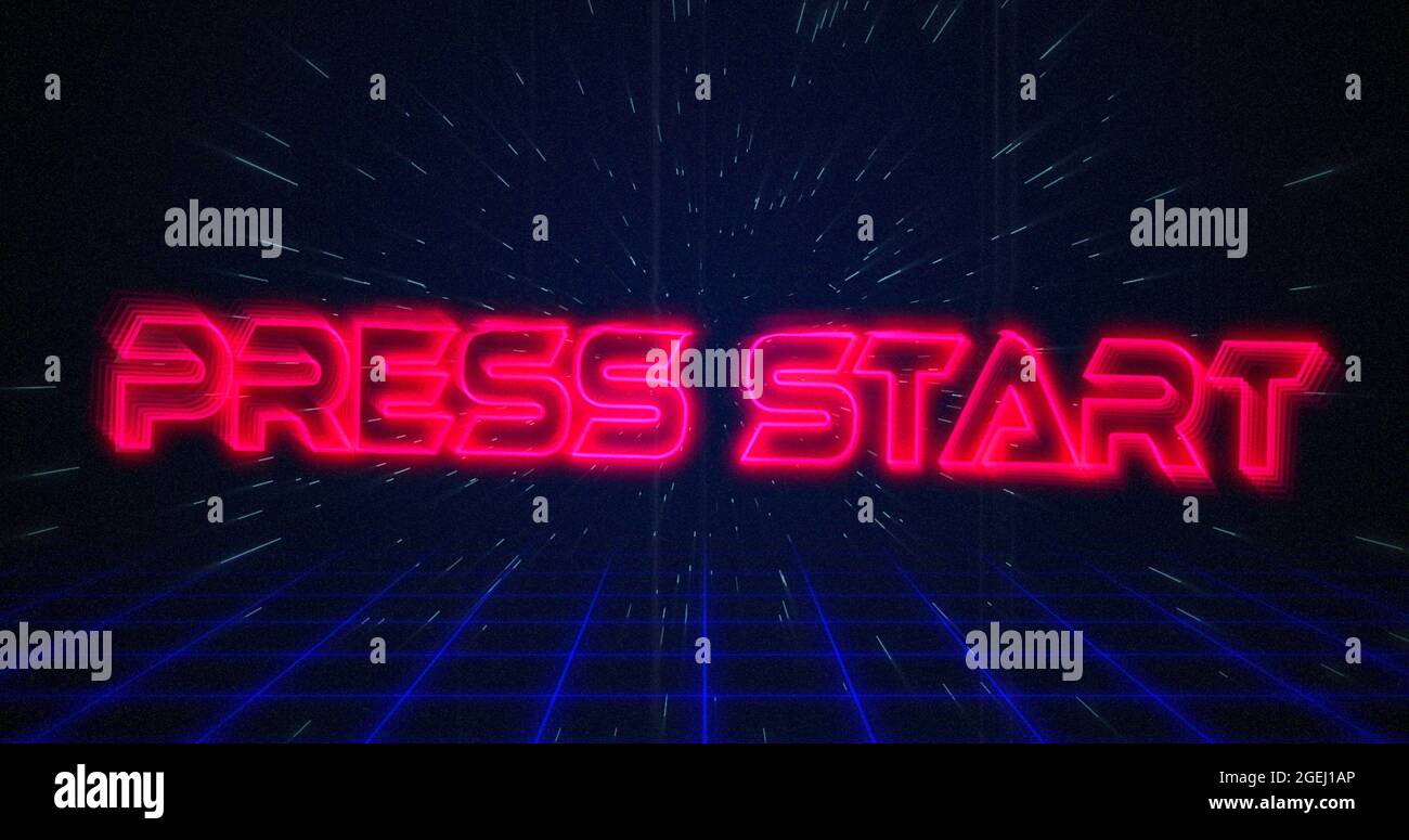 Retro Press Start text glitching over blue and red lines on white ...