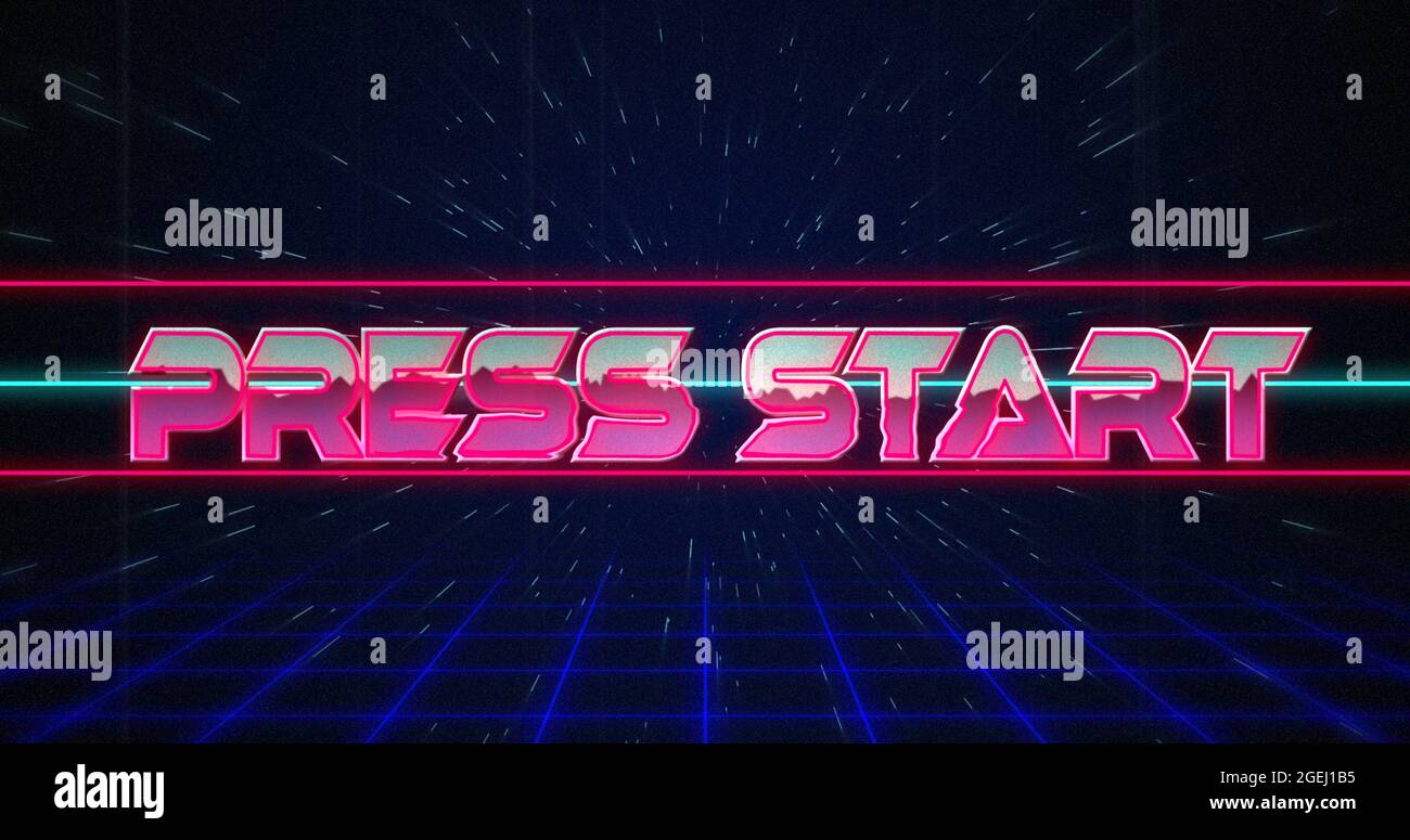 Retro Press Start text glitching over blue and red lines on white ...