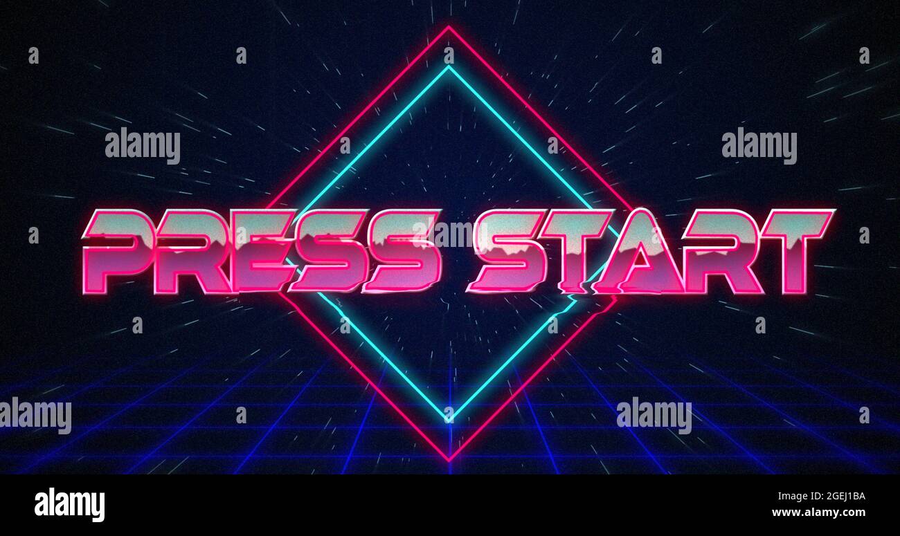 Retro Press Start text glitching over blue and red squares on white ...