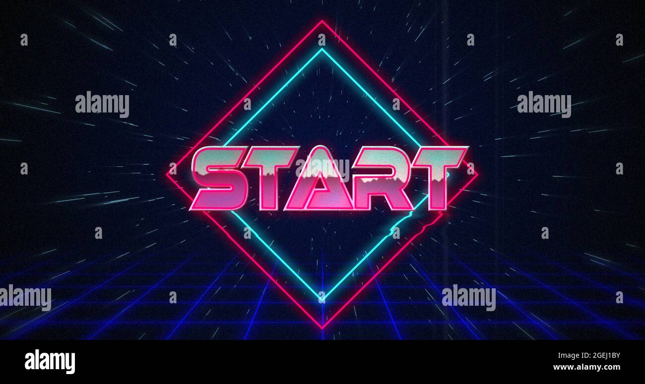 Retro Start text glitching over blue and red squares on white ...